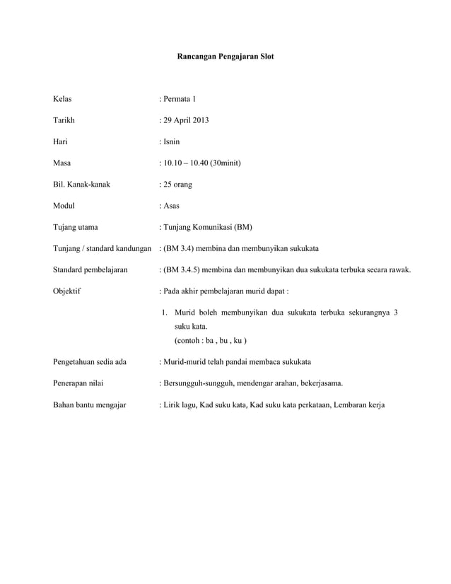 RANCANGAN PENGAJARAN SLOT | DOCX