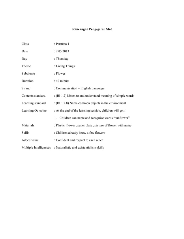 RANCANGAN PENGAJARAN SLOT | DOCX
