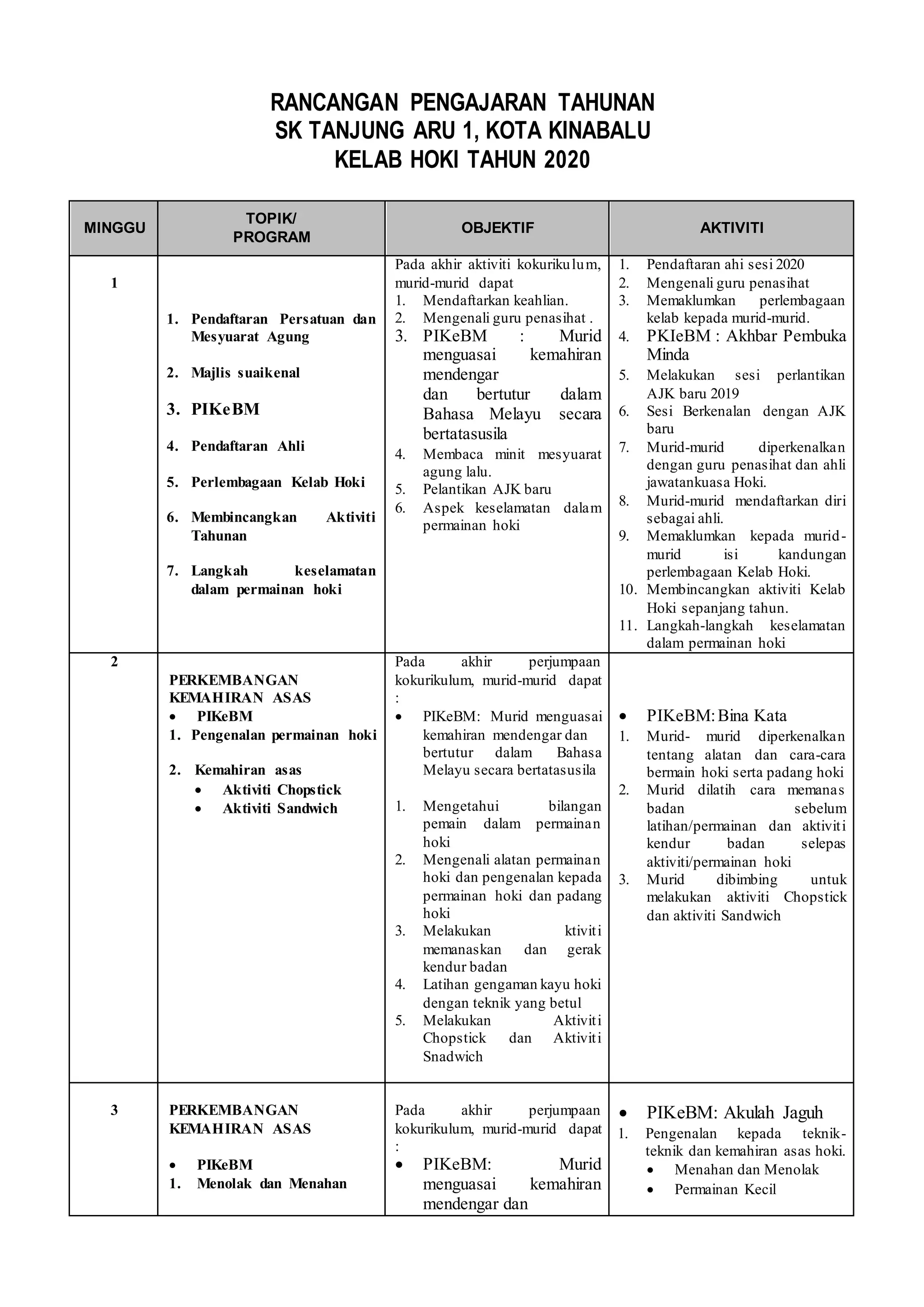 Rancangan tahunan hoki 2020 | DOCX