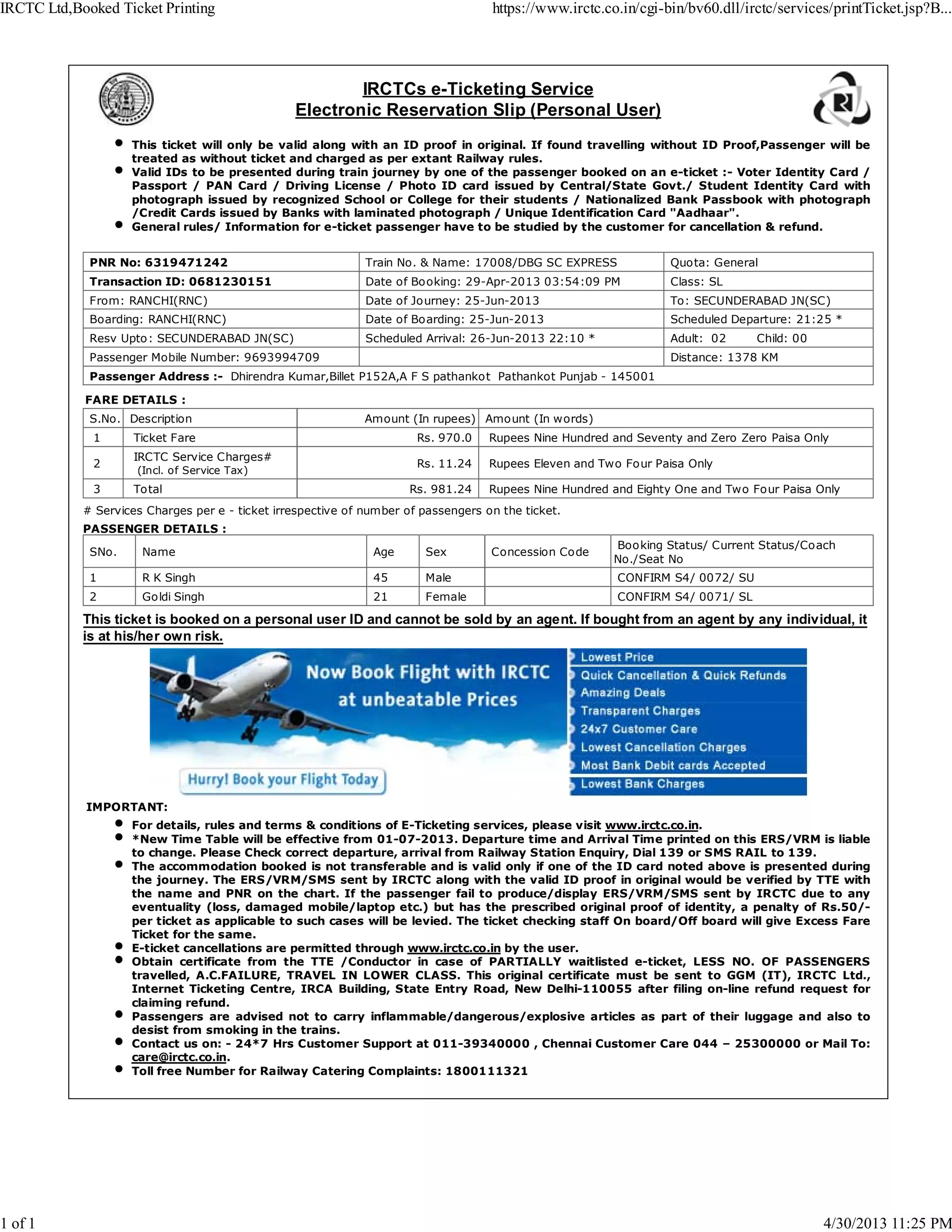 Ranchi to secunderabad | PDF