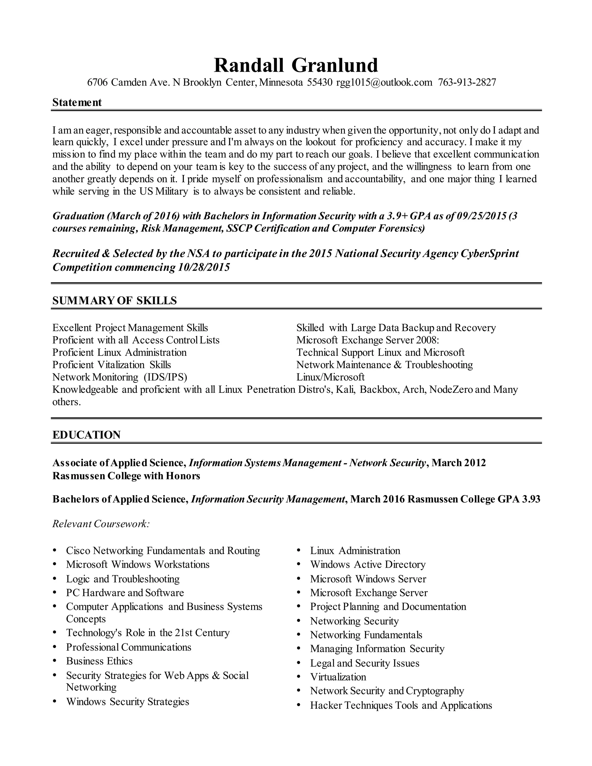 Randall granlund resume | DOCX