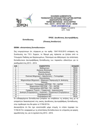 Αποσπάσεις Εκπαιδευτικών από τη Δευτεροβάθμια Εκπαίδευση στο Τ.Ε.Ι ...