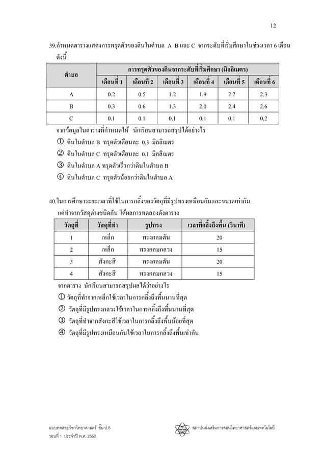 ข้อสอบอัจฉริยภาพ ทางวิทยาศาสตร์ ป.6 2552 | PDF