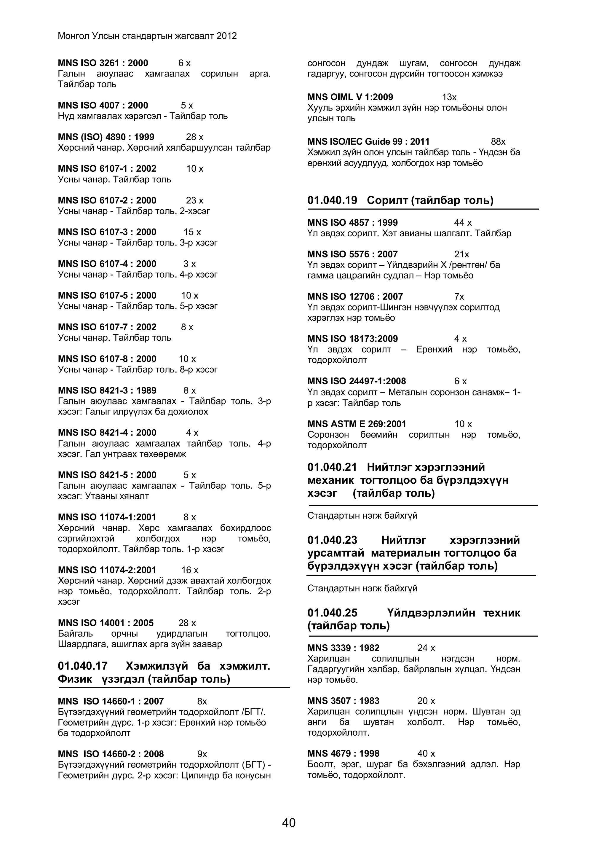 му ын стандартын жагсаалт | PDF