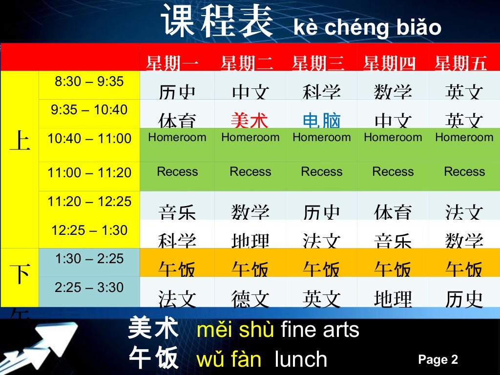 My school timetable - Chinese expression of school timetable