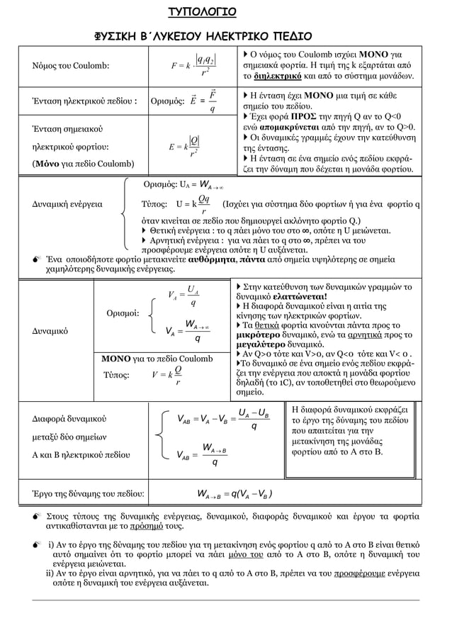 τυπολογιο φυσικησ β΄λυκειου ηλεκτρικο πεδιο | PDF