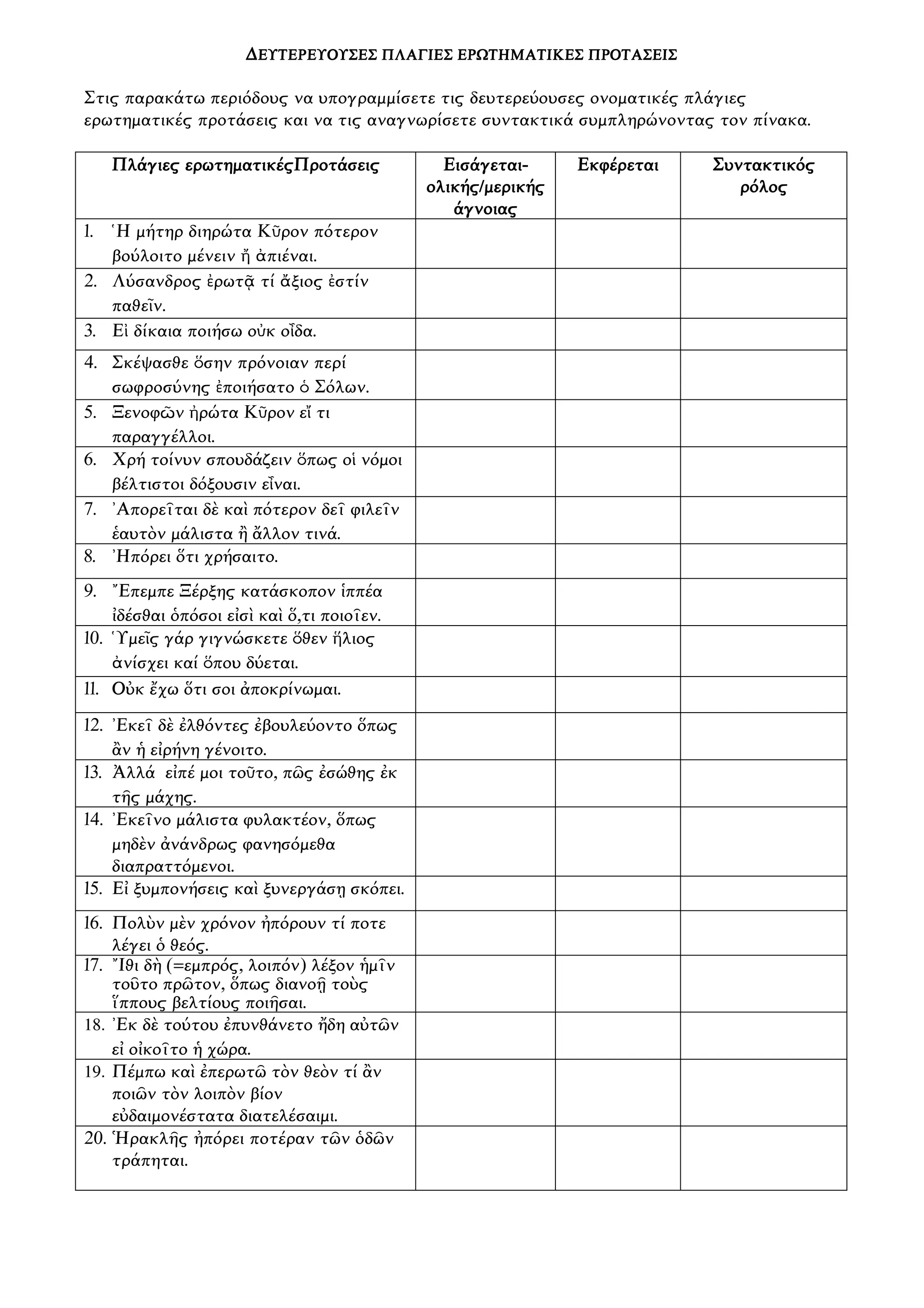 Ασκήσεις στις ονοματικές προτάσεις της αρχαίας ελληνικής | PDF