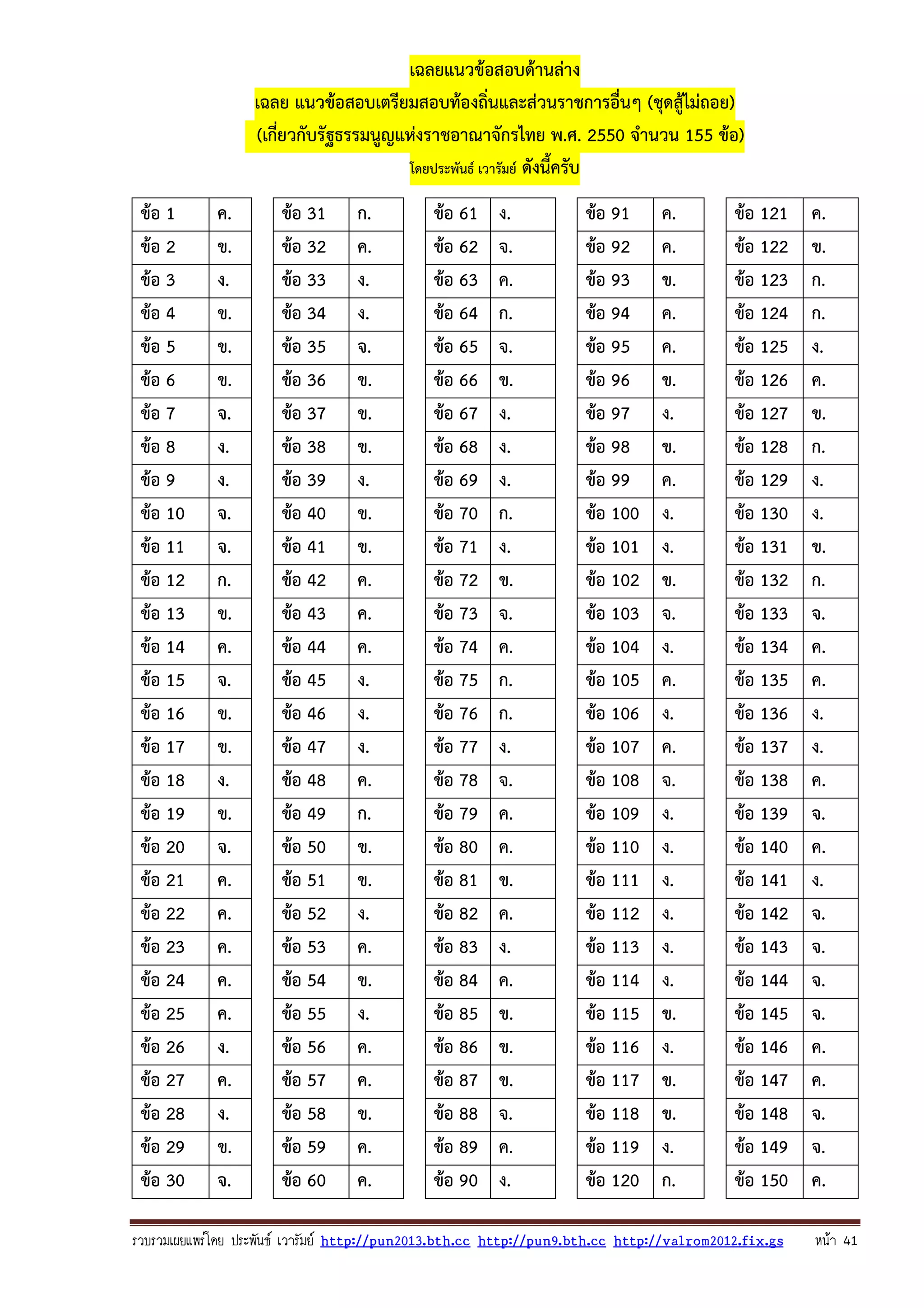 แนวข้อสอบรัฐธรรมนูญแห่งราชอาณาจักรไทย พ.ศ. 2550 จำนวน 155 ข้อ | PDF