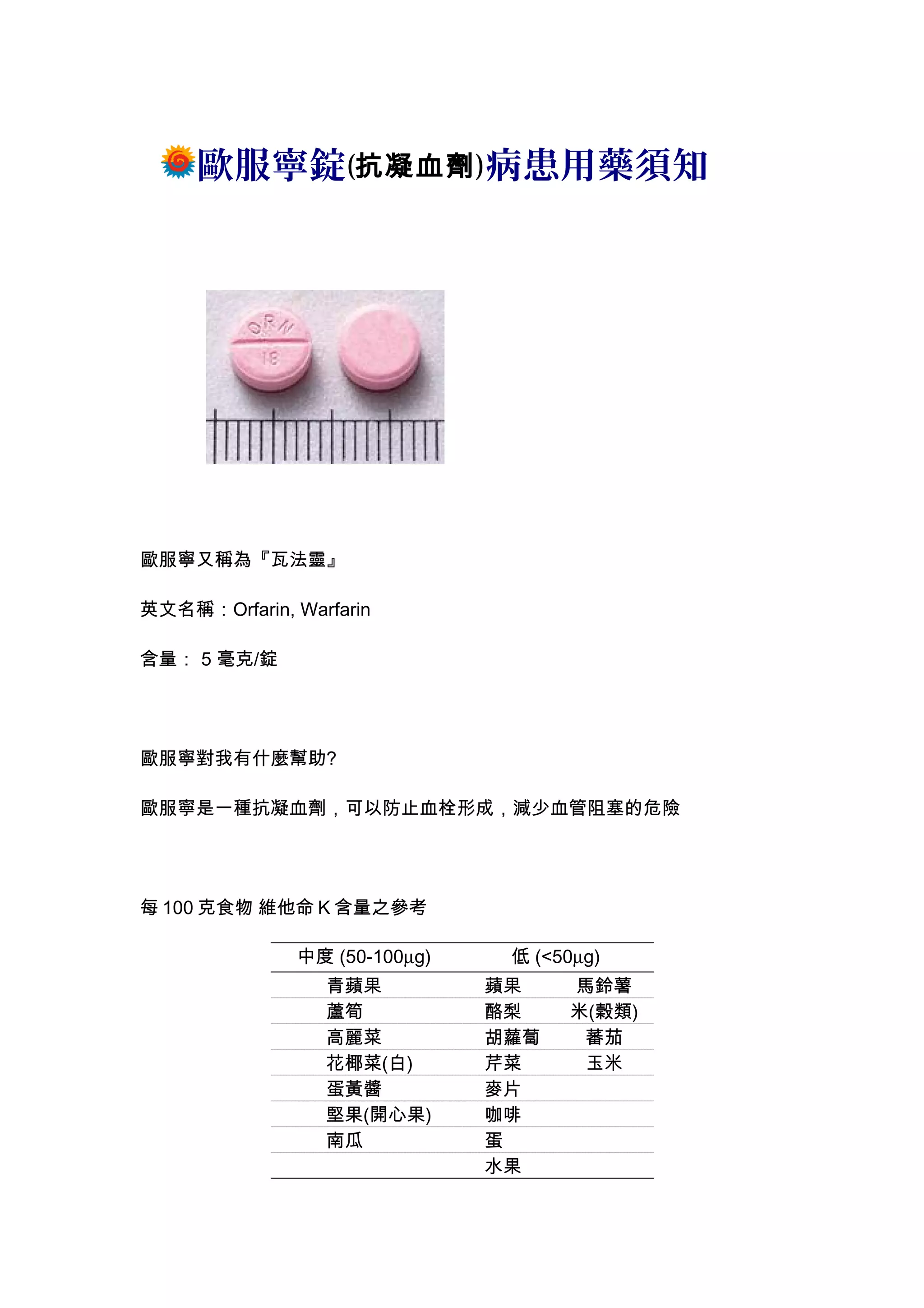 歐服寧錠(抗凝血)病患用藥須知 | DOC