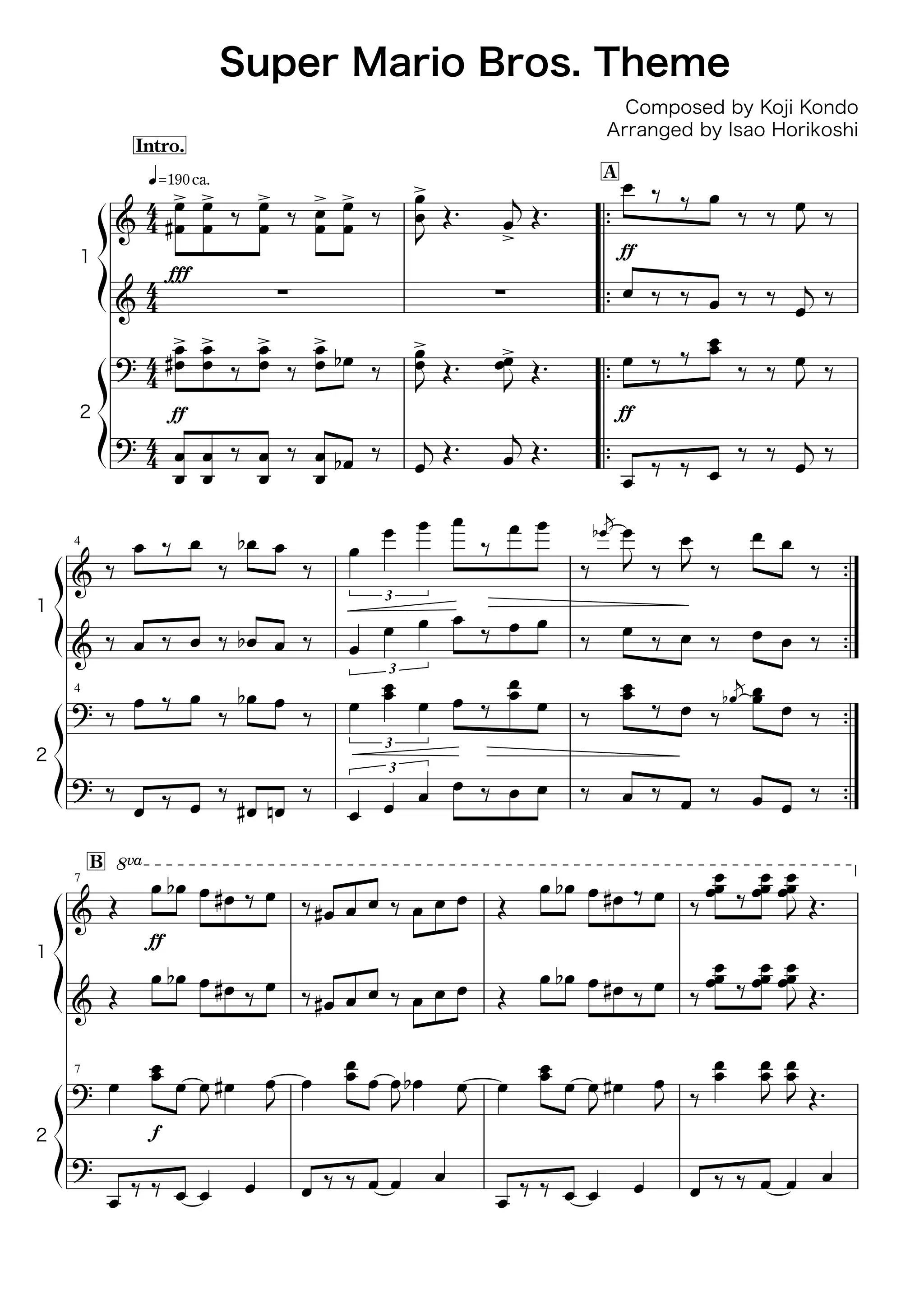 Super Mario Bros. Theme Piano Four hands | PDF | Video Game Genres ...