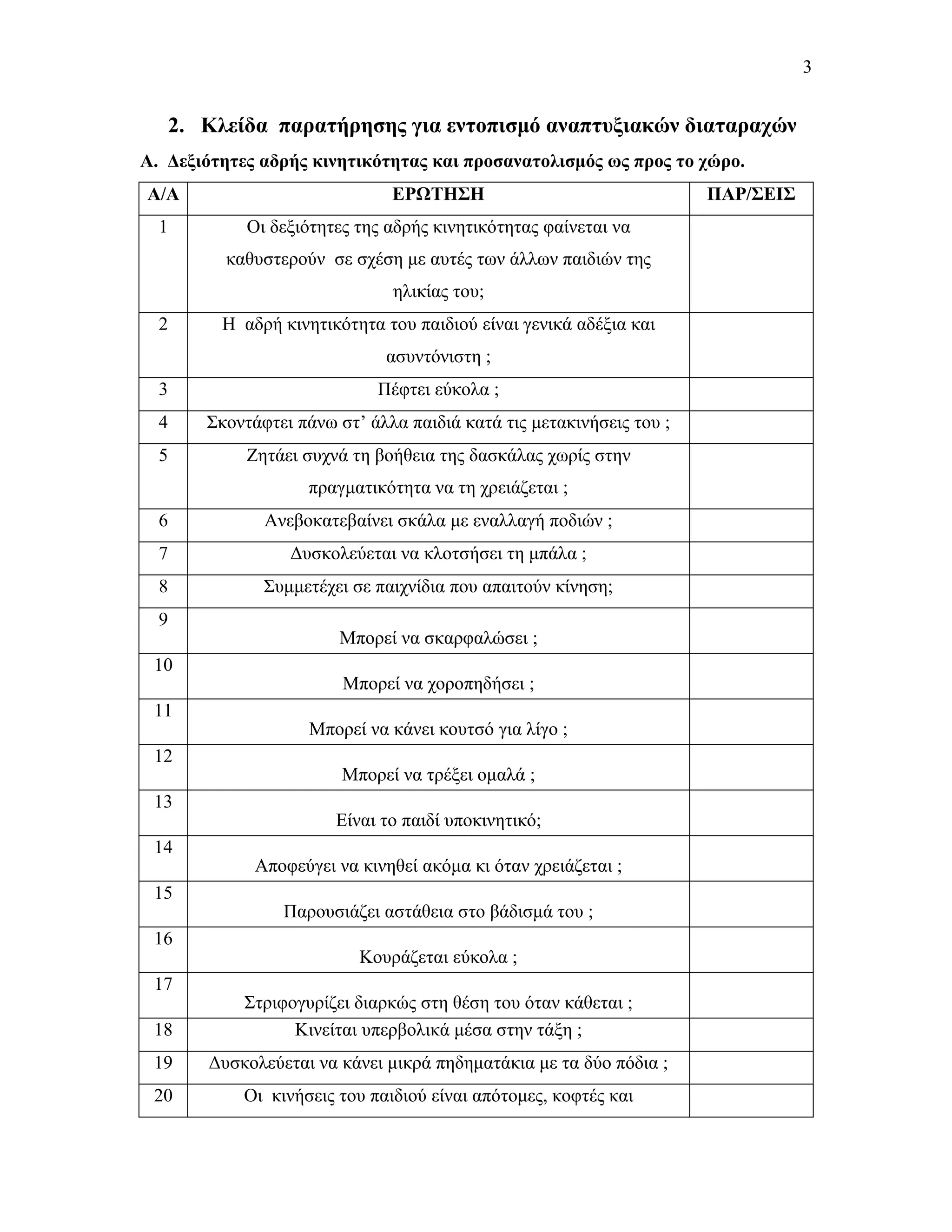 Κλειδα παρατήρησης για ανίχνευση αναπτυξιακών διαταραχών στο ...