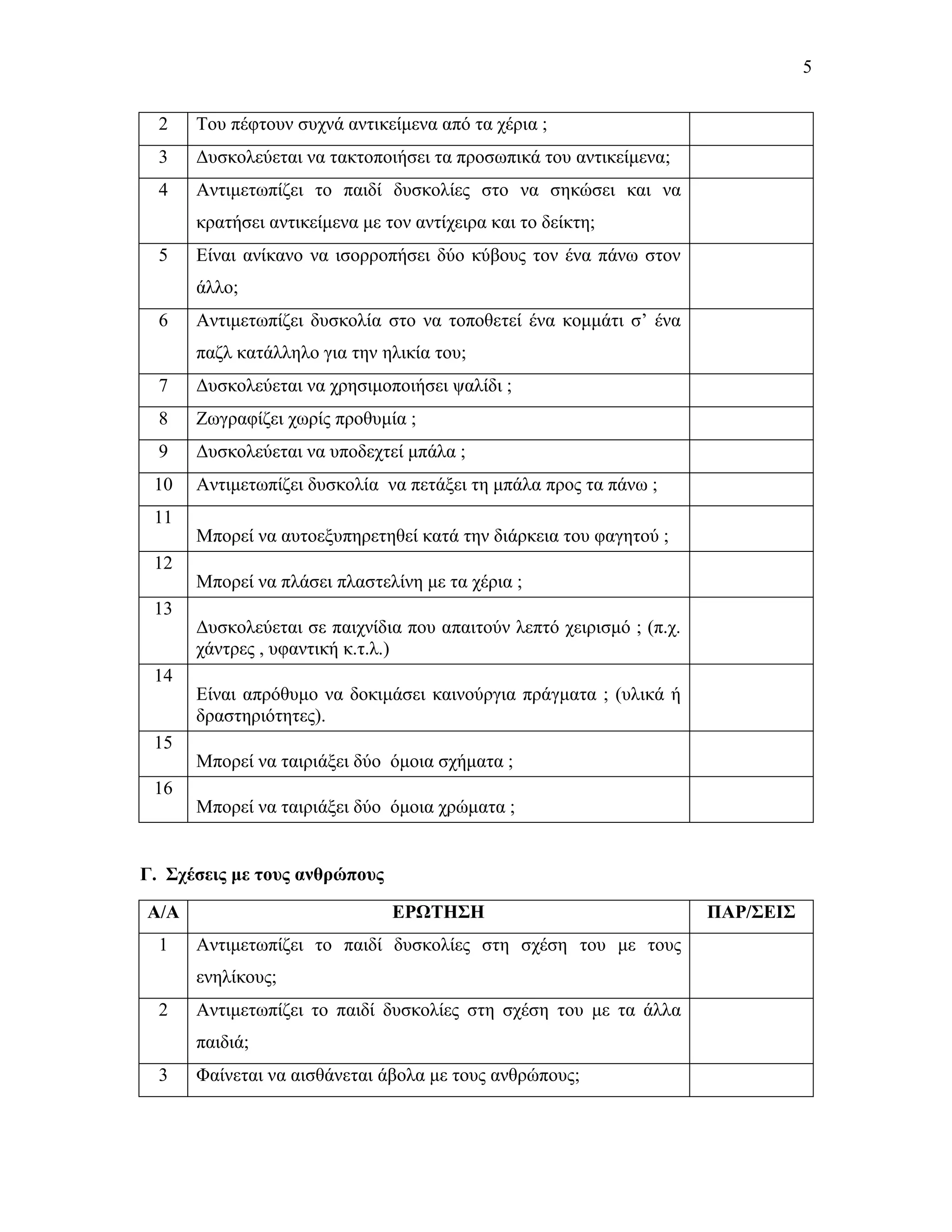 Κλειδα παρατήρησης για ανίχνευση αναπτυξιακών διαταραχών στο ...