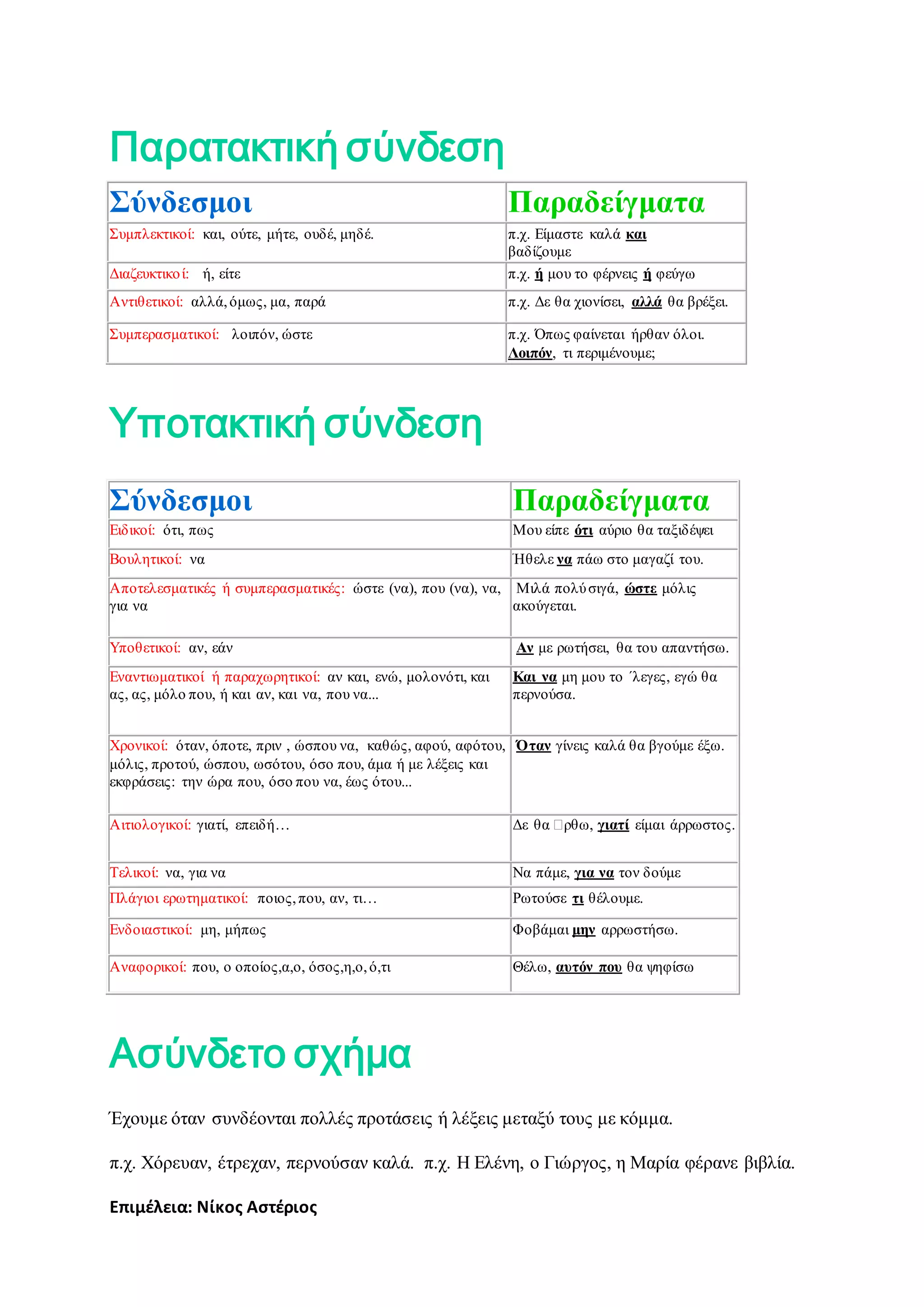 παρατακτική, υποτακτική, ασύνδετο σχήμα | DOCX