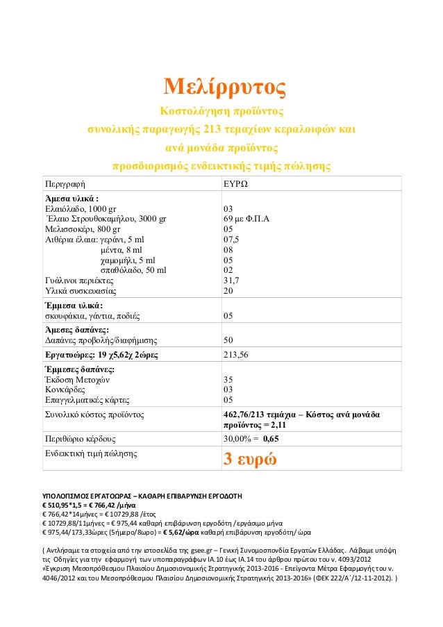 κοστολογηση προϊοντος μελιρρυτος