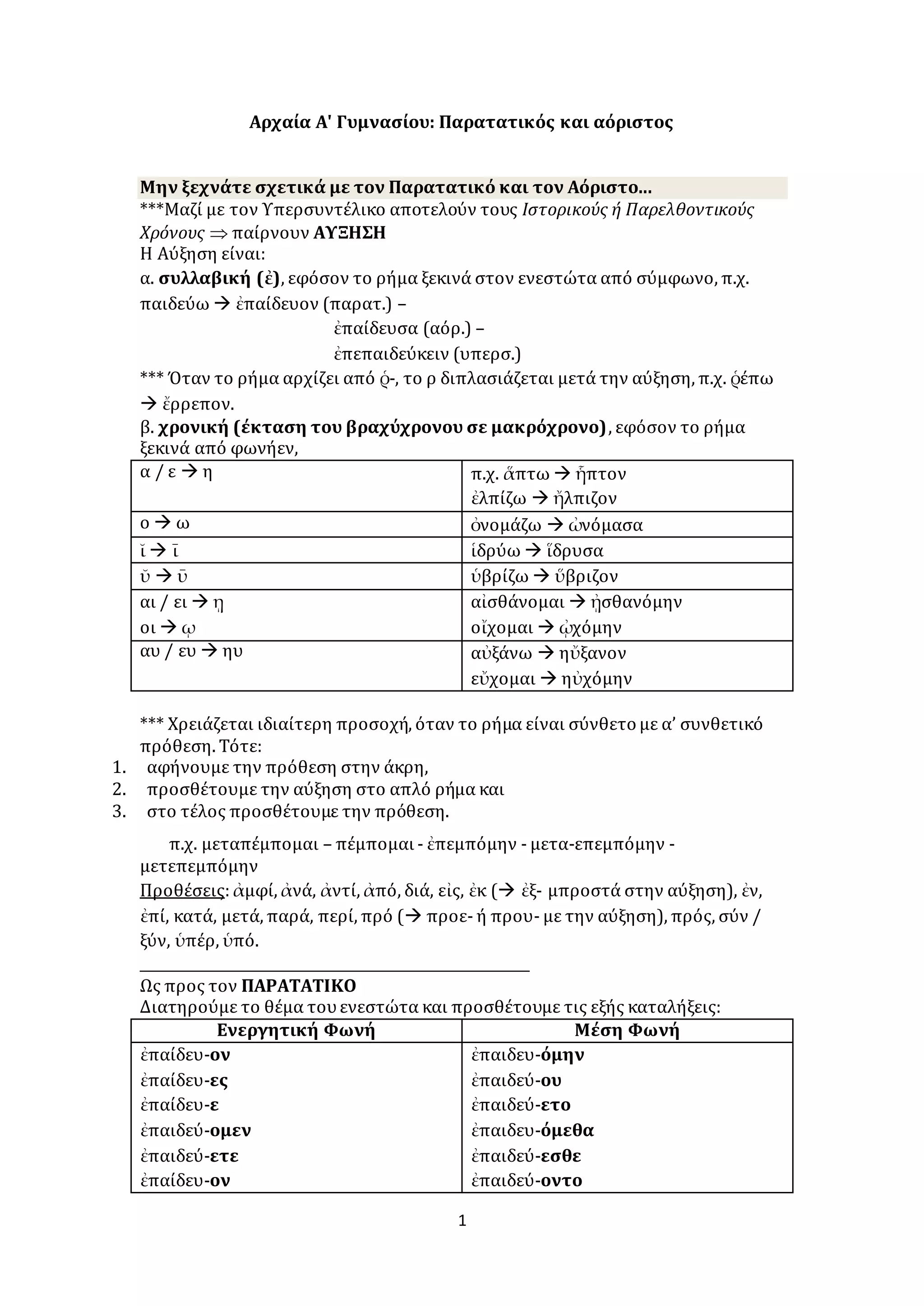 θεωρία και ασκήσεις για παρατατικό και αόριστο | DOCX