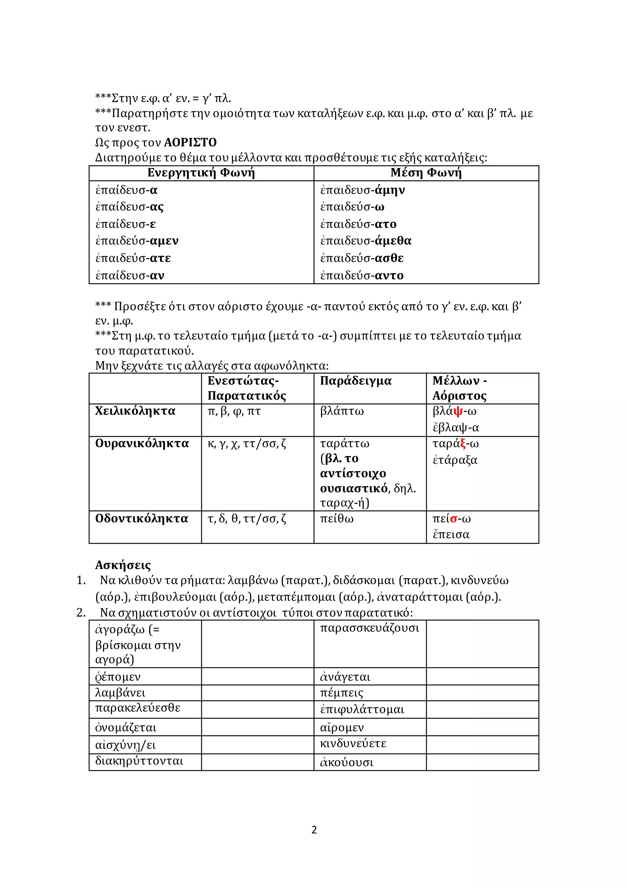θεωρία και ασκήσεις για παρατατικό και αόριστο | DOCX
