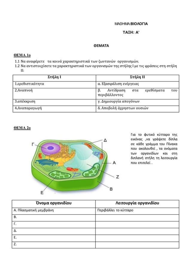 θεματα βιολογιας α γυμνασιου | DOCX