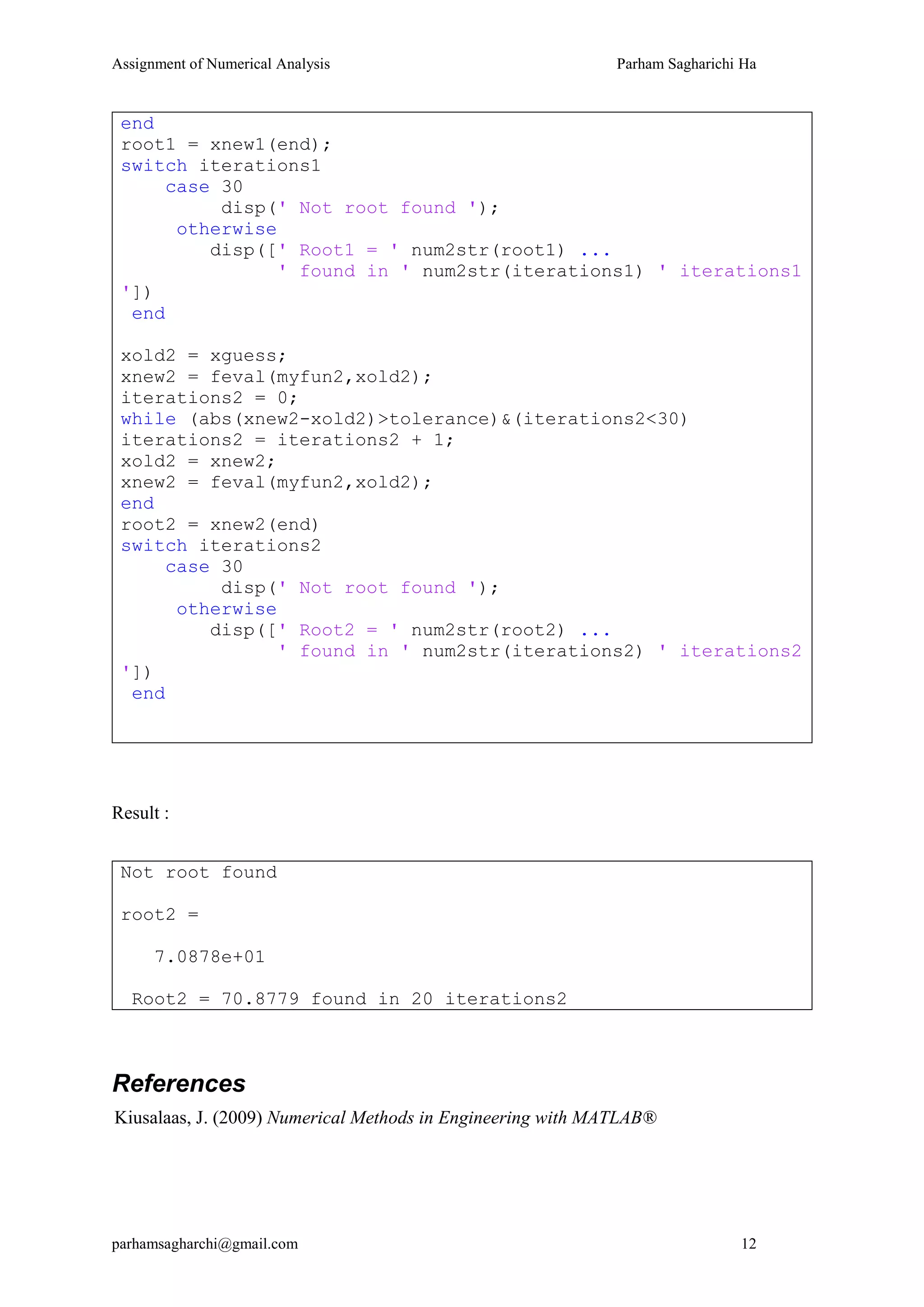 NUMERICAL METHODS WITH MATLAB : bisection,mueller's,newton-raphson,false point,x=g(x) | PDF ...