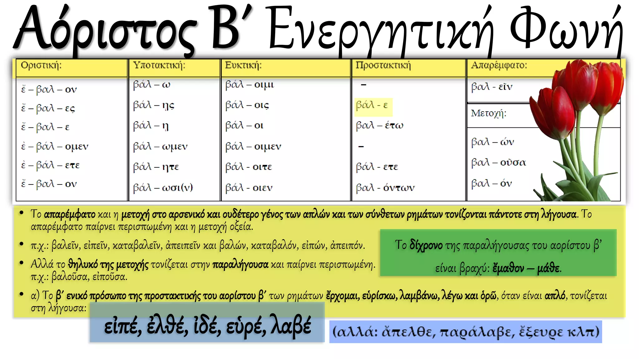 Αόριστος β΄ στην ενεργητική και μέση φωνή. Εν. 6, Αρχαία Ελληνική ...