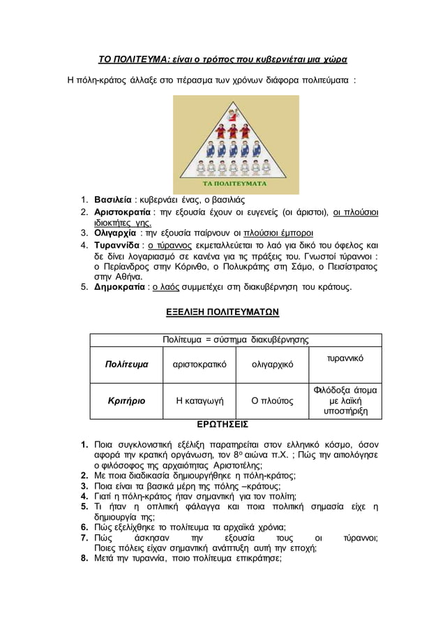 πολη κρατος και πολιτευμα σχεδιαγραμμα και ερωτησεις | DOCX