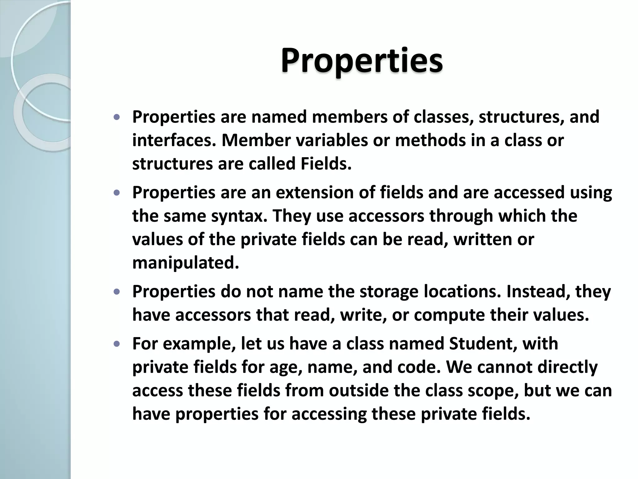 Properties and Indexers | PPTX | Programming Languages | Computing