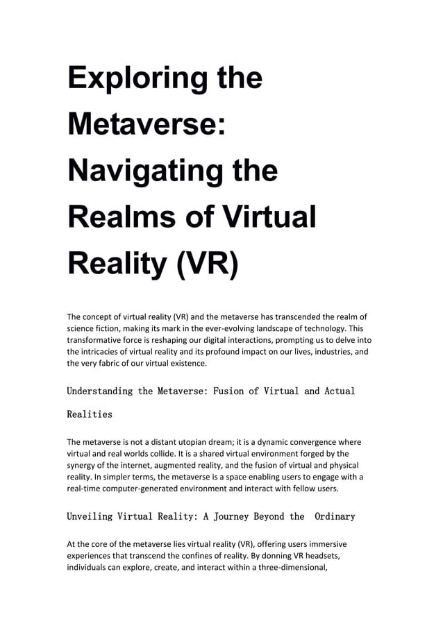 Exploring the Metaverse: Navigating the Realms of Virtual Reality (VR) | PDF