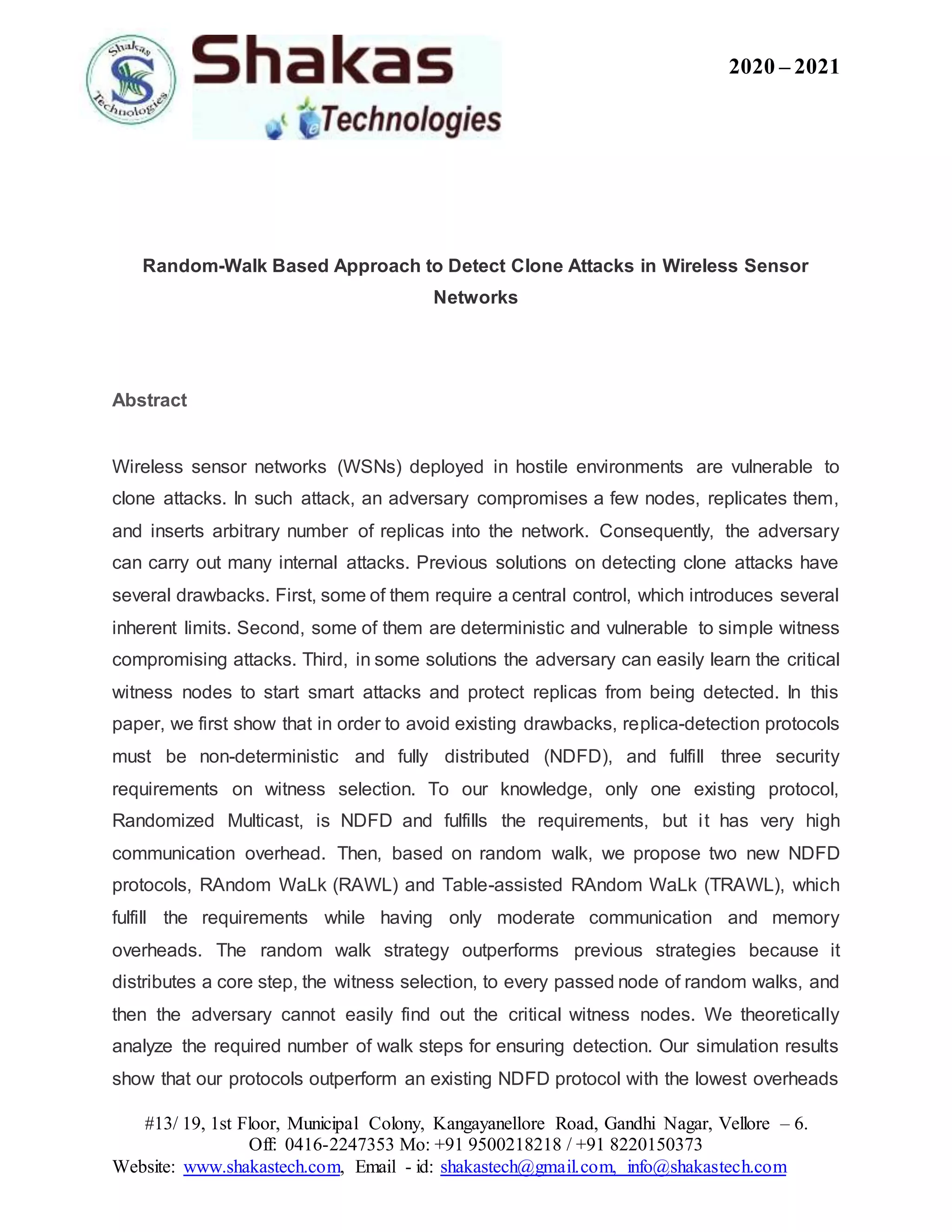 Random Walk Based Approach To Detect Clone Attacks In Wireless Sensor Networks Pdf