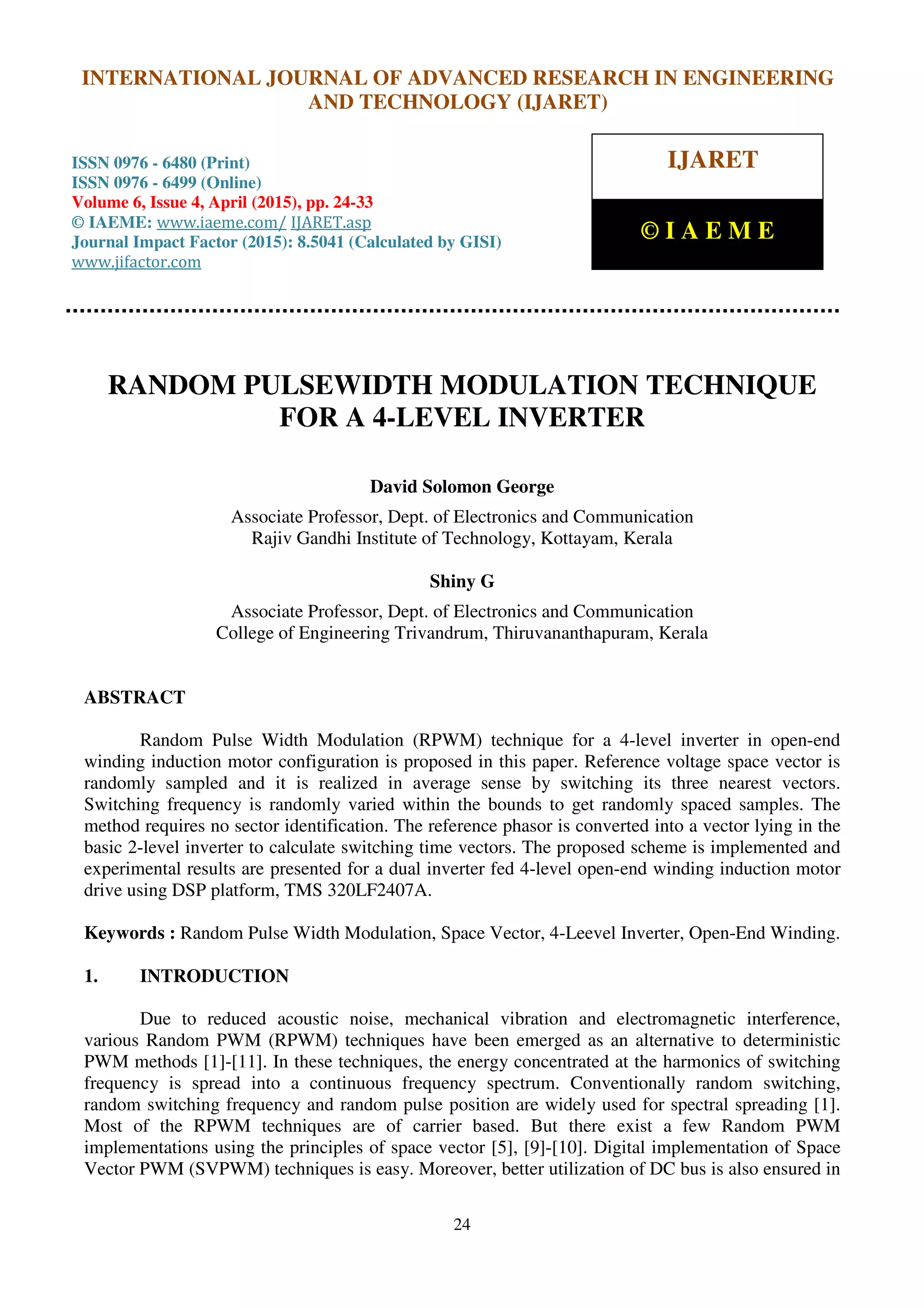 RANDOM PULSEWIDTH MODULATION TECHNIQUE FOR A 4-LEVEL INVERTER | PDF
