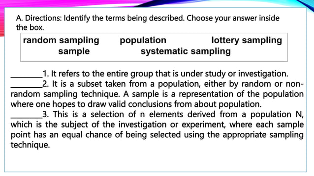 RANDOM SAMPLING, PARAMETER AND STATISTICS, SAMPLING DISTRIBUTION OF STATISTICS.pptx | Biological ...