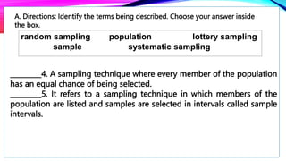 RANDOM SAMPLING, PARAMETER AND STATISTICS, SAMPLING DISTRIBUTION OF STATISTICS.pptx