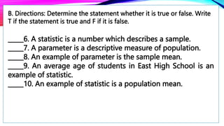 RANDOM SAMPLING, PARAMETER AND STATISTICS, SAMPLING DISTRIBUTION OF ...