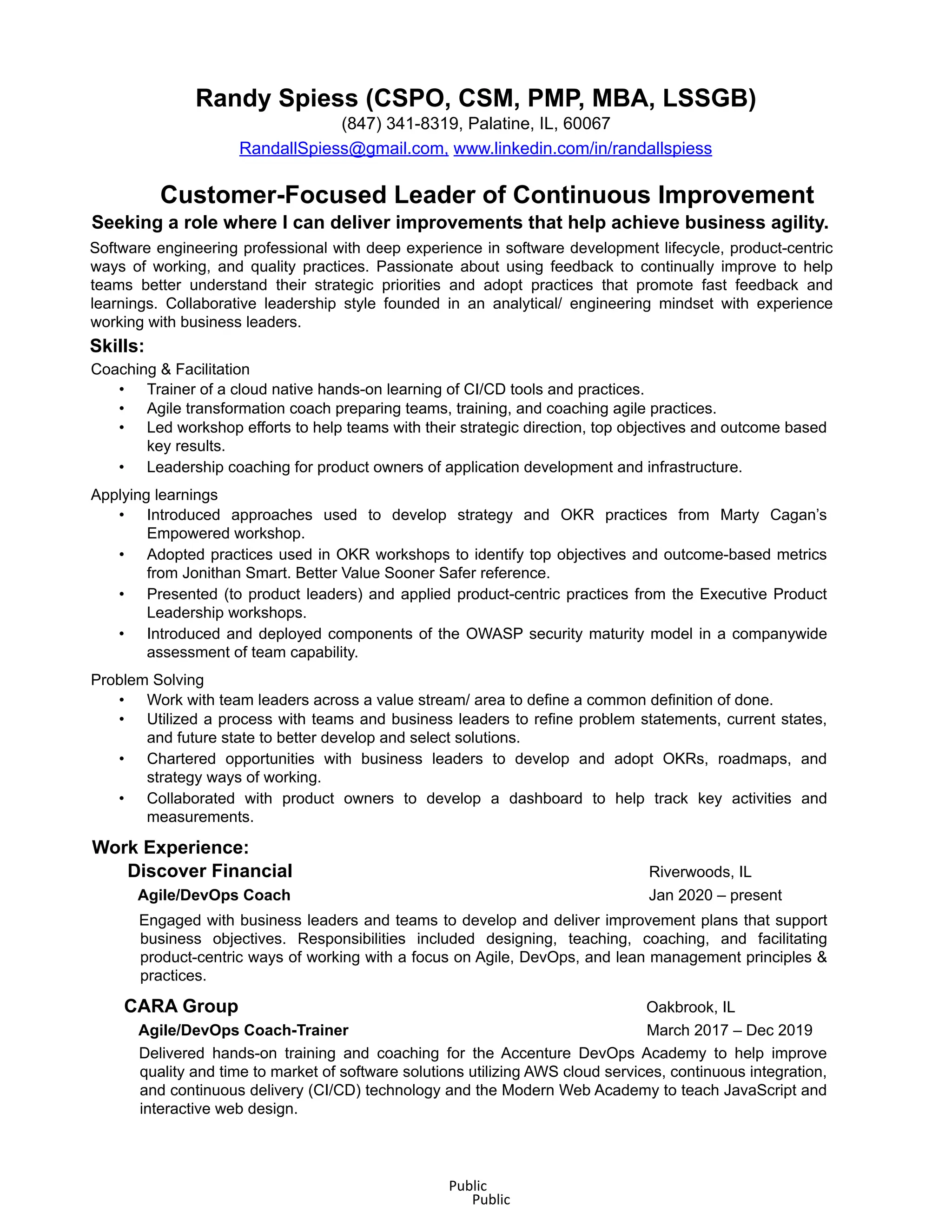 The career summary of Randy Spiess, a focus on customer and continuous ...