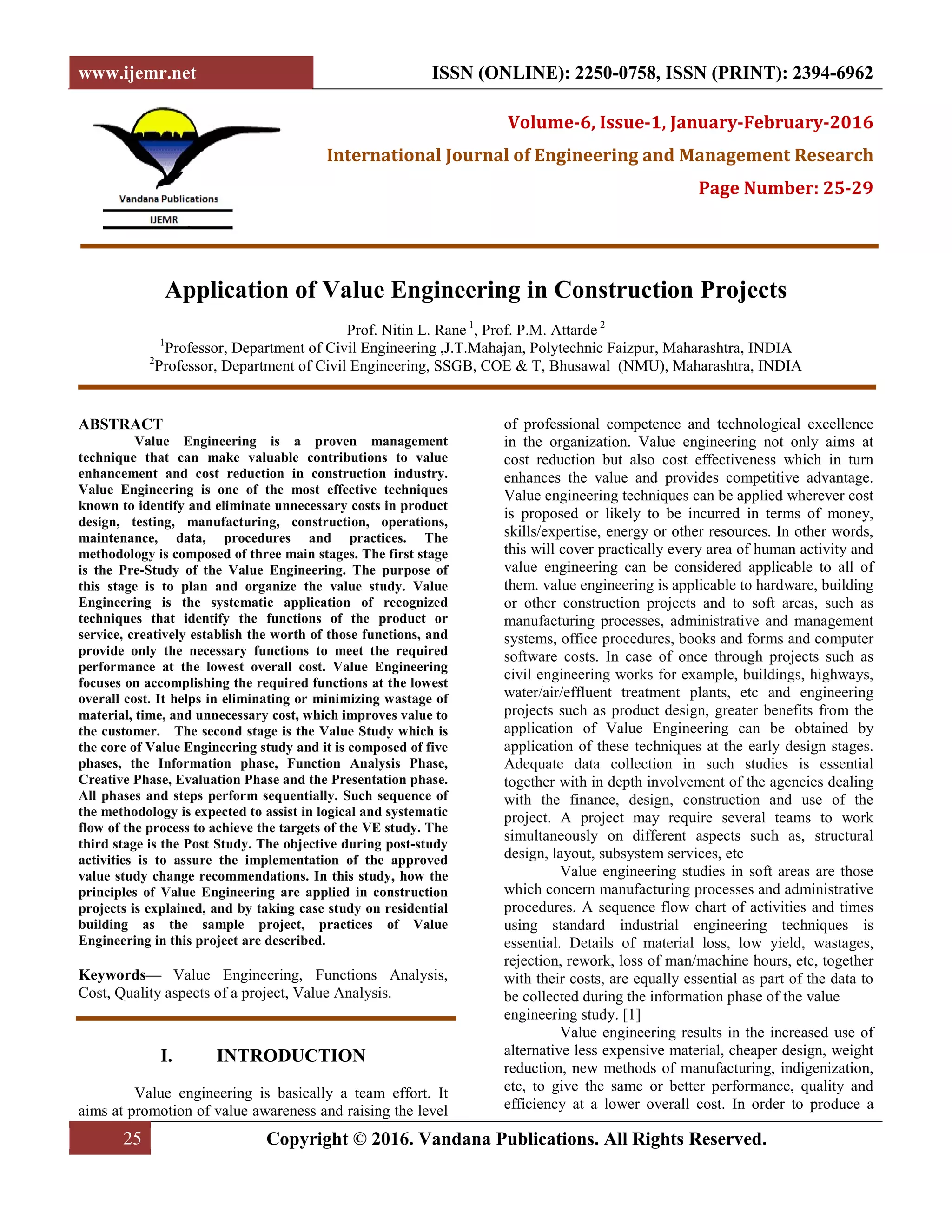 Application of Value Engineering in Construction Projects | PDF