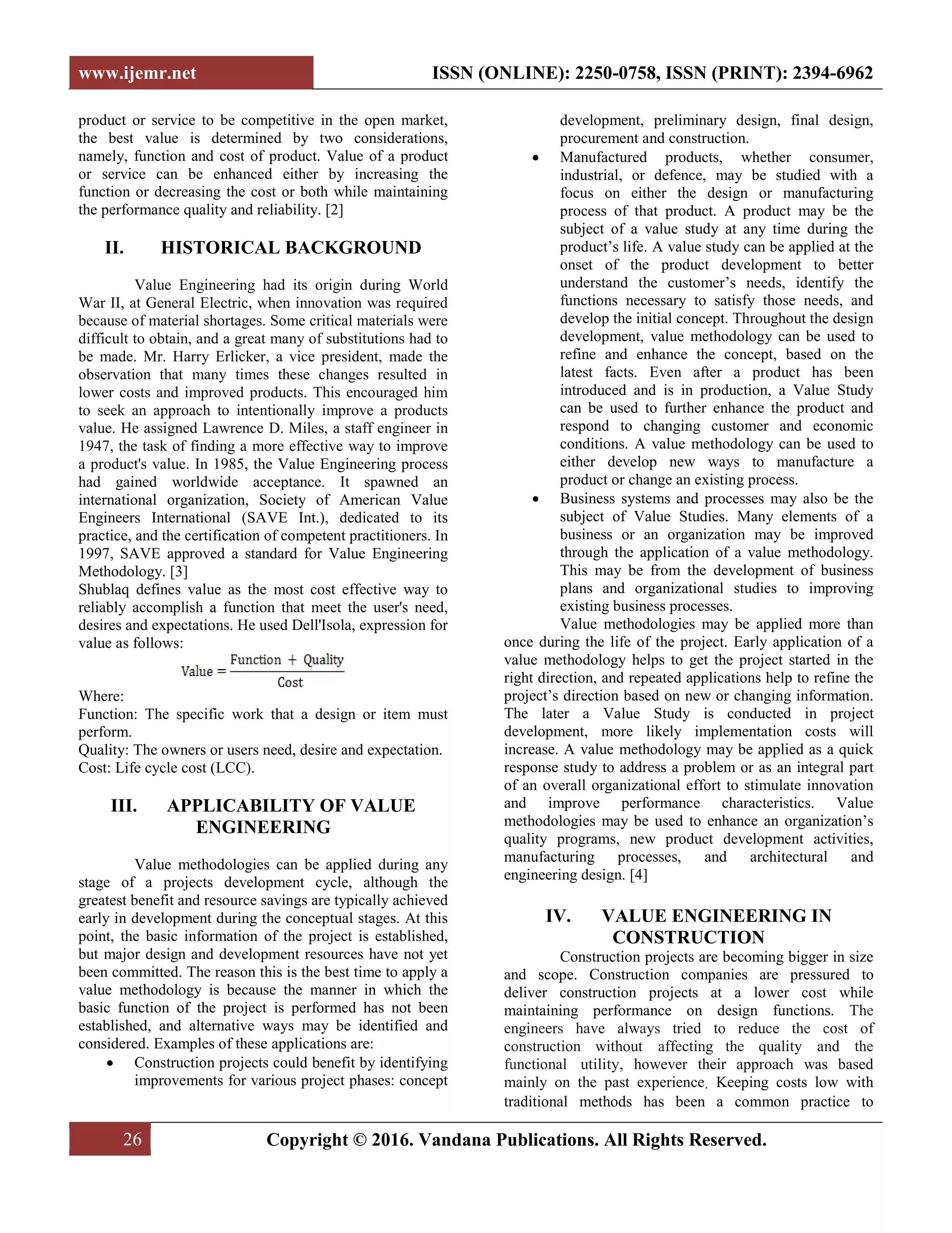 Application of Value Engineering in Construction Projects | PDF