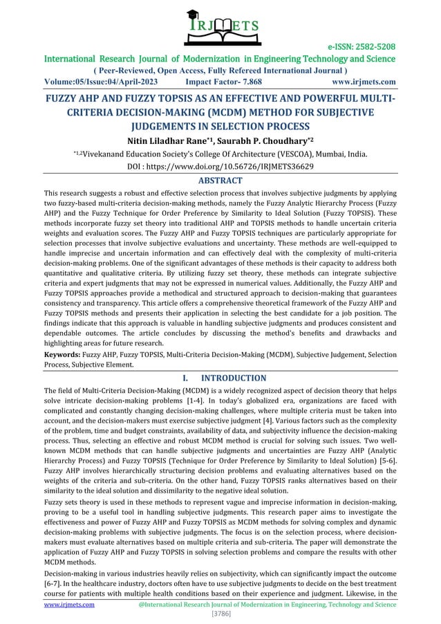 Fuzzy AHP and Fuzzy TOPSIS as an effective and powerful Multi-Criteria Decision-Making (MCDM ...