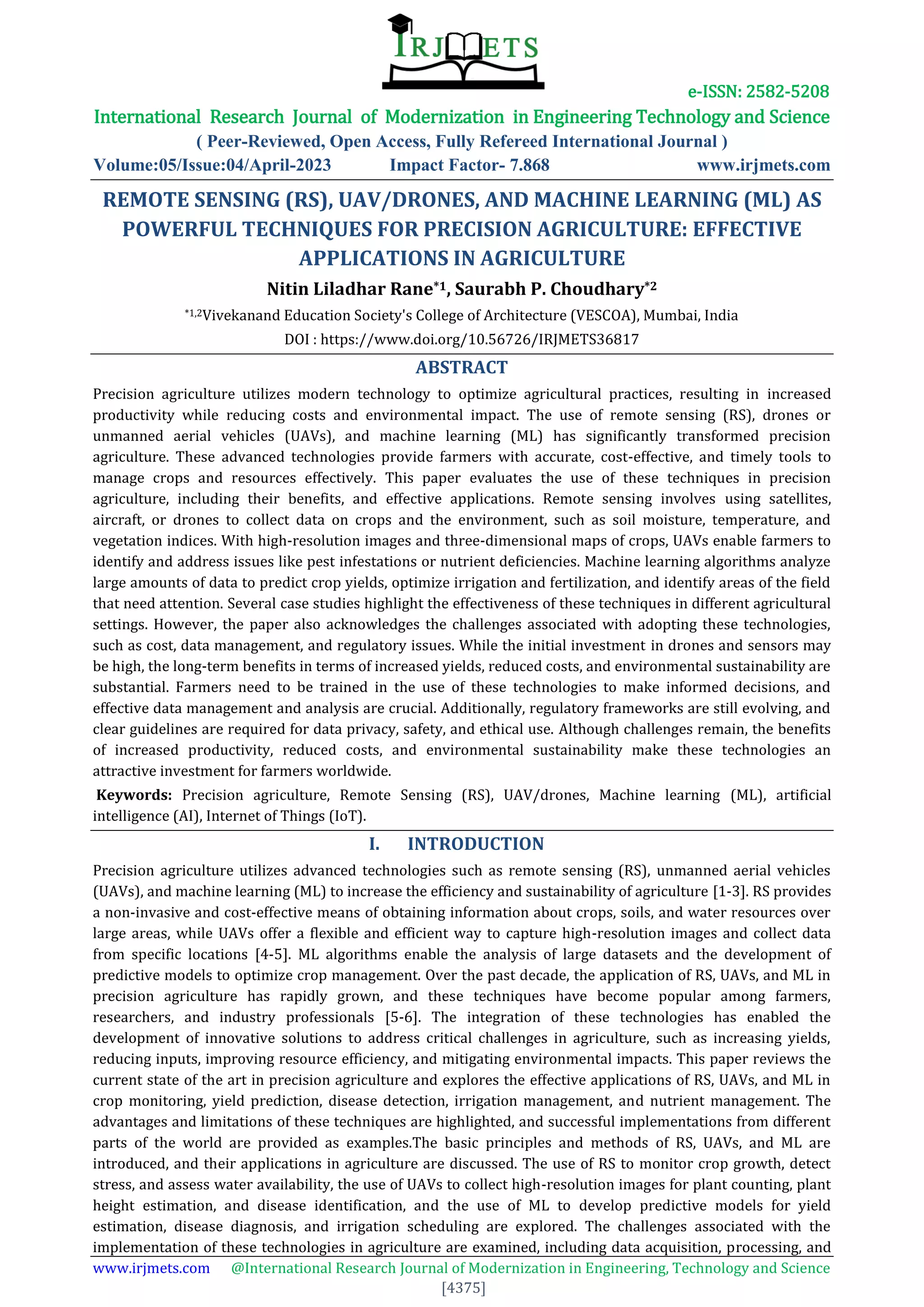 Remote Sensing (RS), UAV/drones, and Machine Learning (ML) as powerful ...