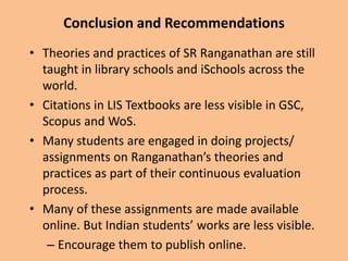S R Ranganathan's Works in Citation Databases | PPT