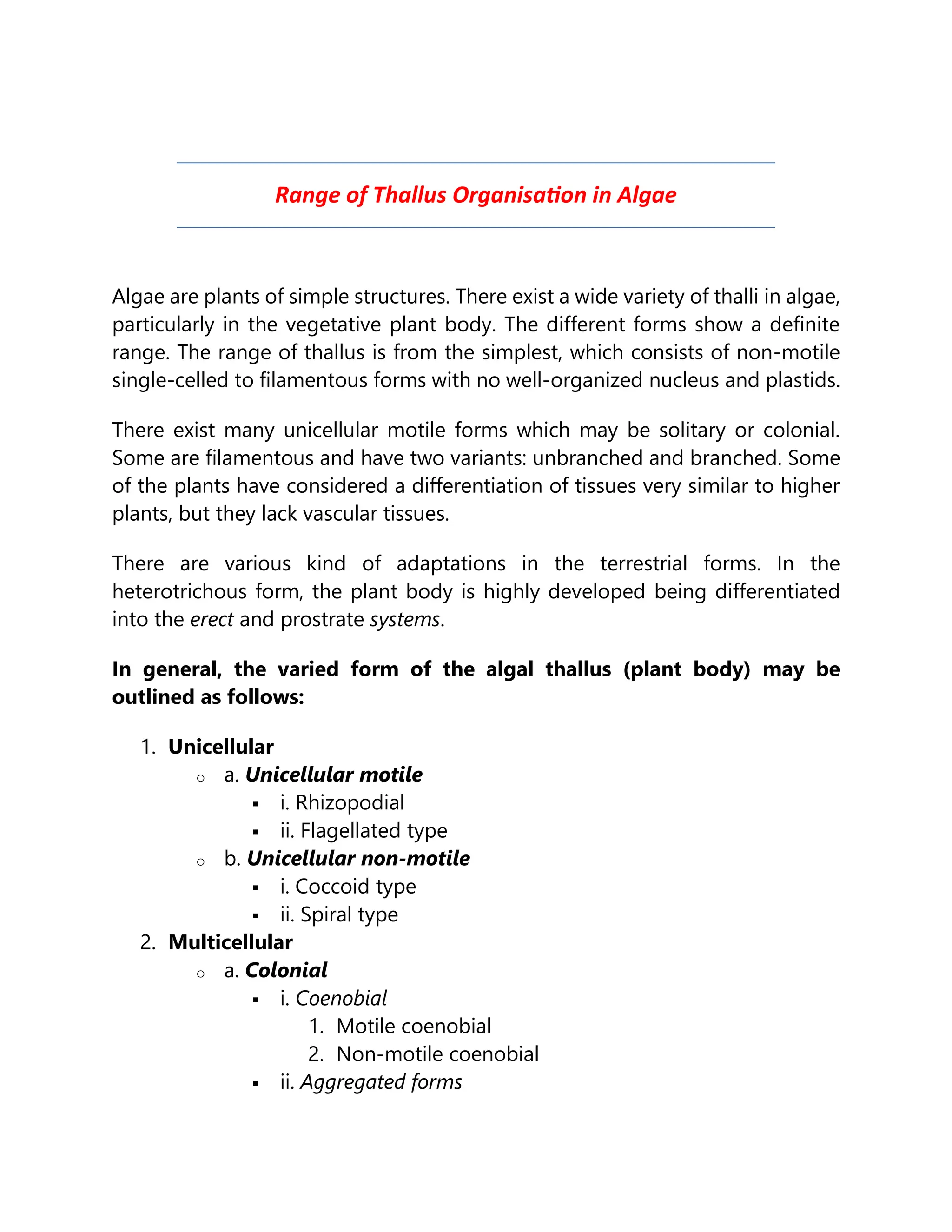 Range of Thallus Structure in Algae Full pdf | PDF
