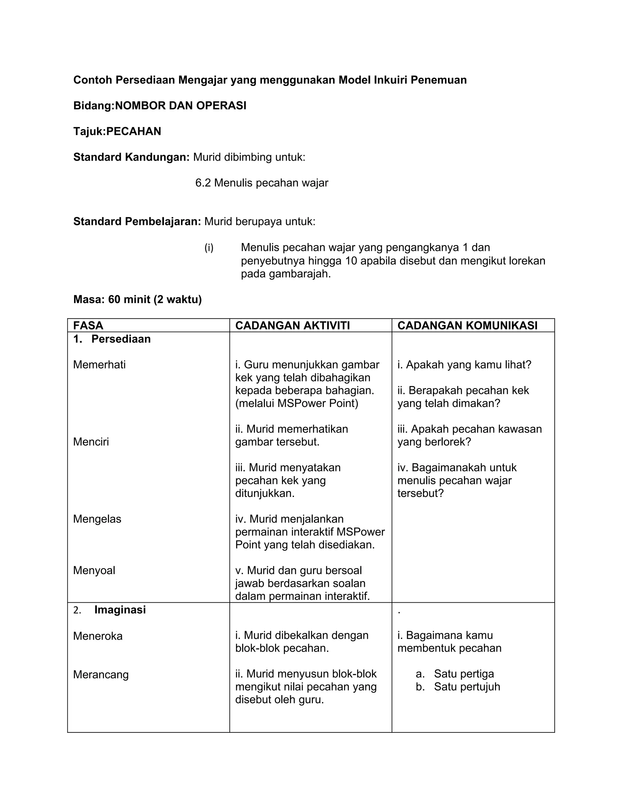 Rangka 'Lesson Plan' Aktiviti | PDF