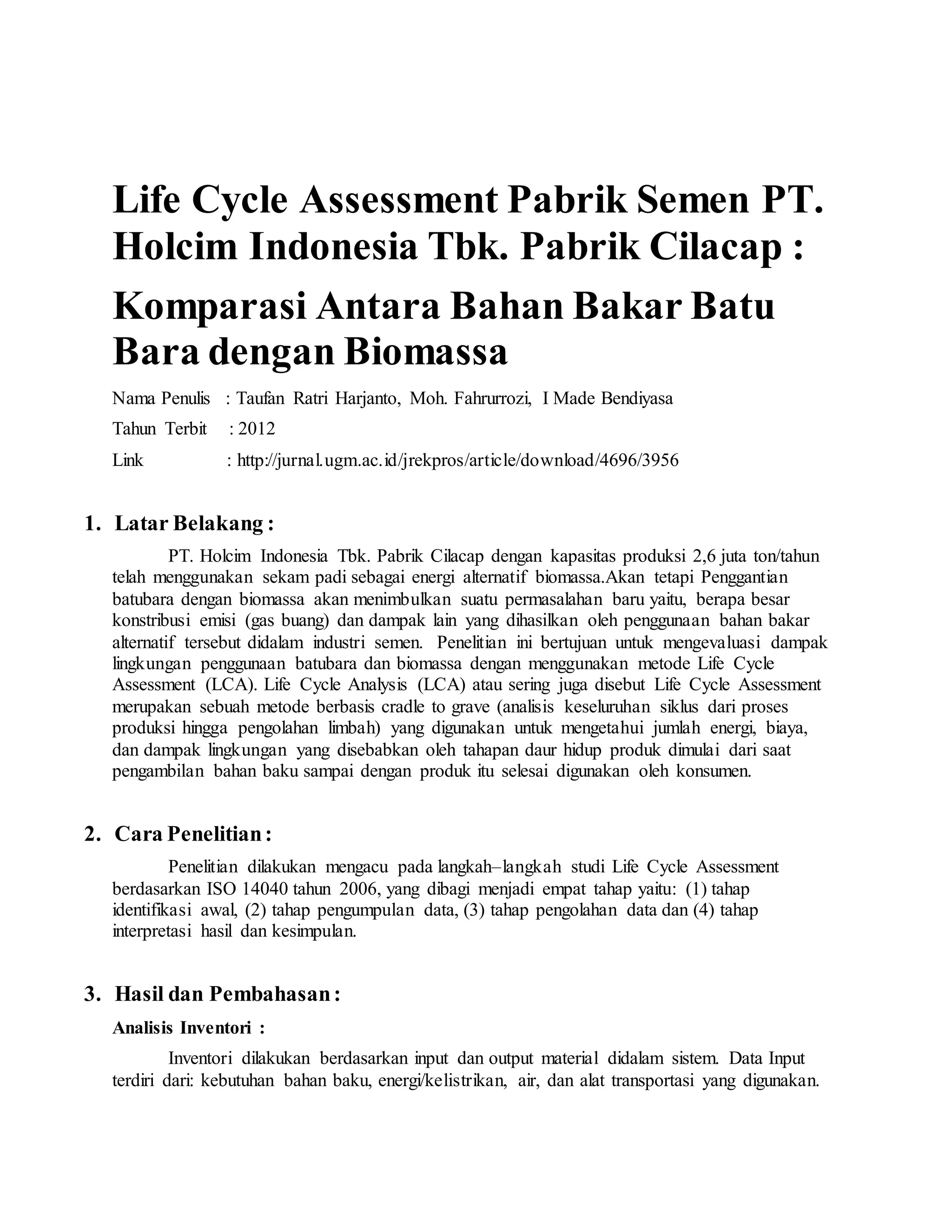 Rangkuman jurnal lca pabrik semen pt | DOCX