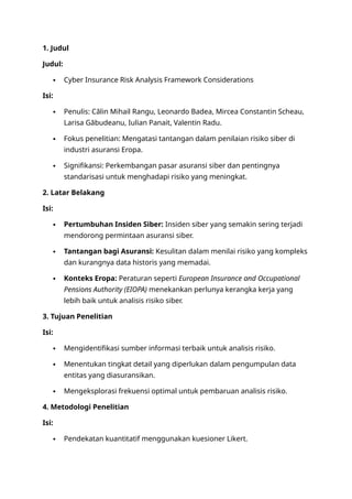 Rangkuman Penelitian Cyber Insurance Risk Analysis Framework Considerations.docx