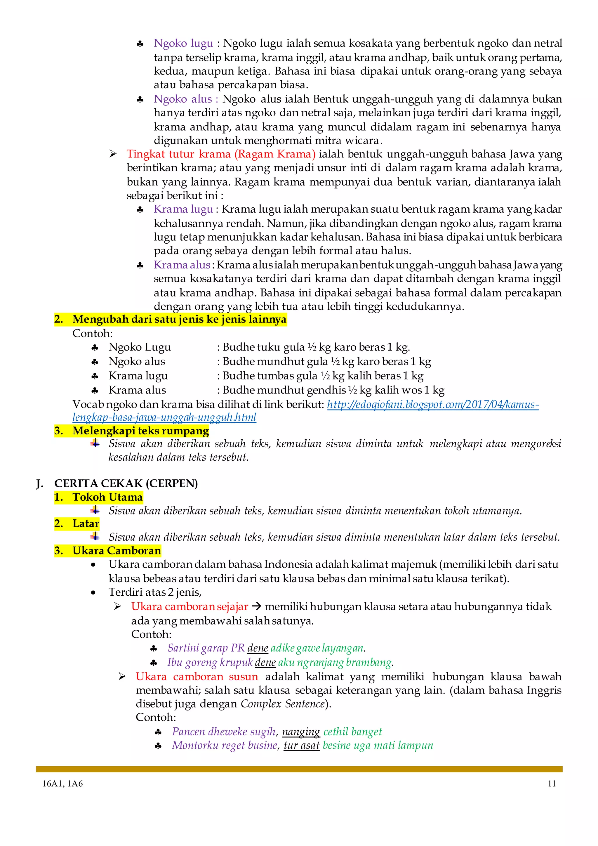 Rangkuman Materi Bahasa Jawa SMA Tahun 2020 | DOCX