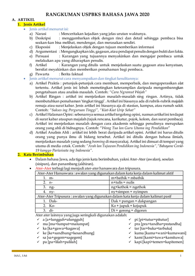 Rangkuman Materi Bahasa Jawa SMA Tahun 2020 | DOCX