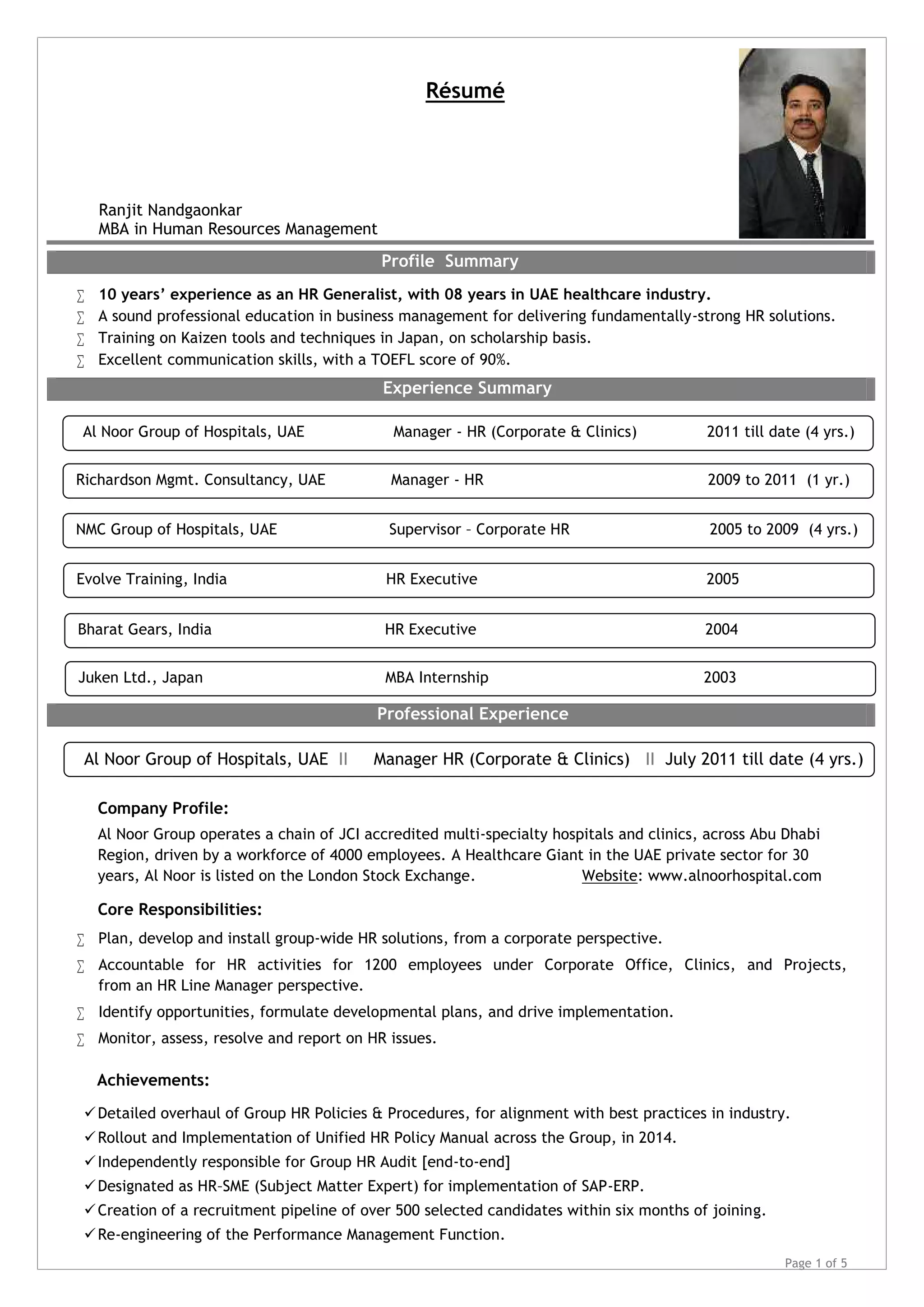 Ranjit cv healthcare hr | DOC
