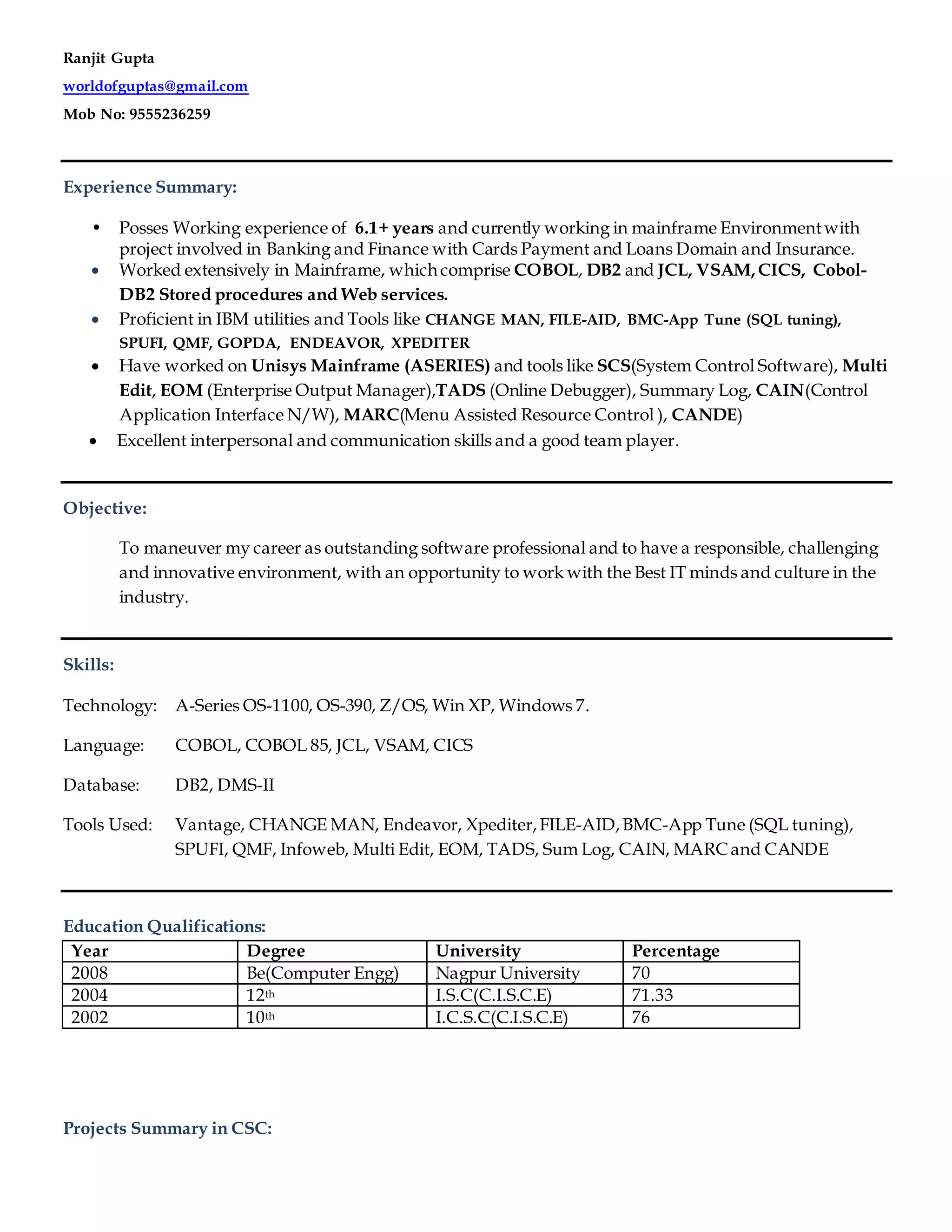 Ranjit gupta(mainframe 6.1 years) | DOCX | Databases | Computer Software and Applications