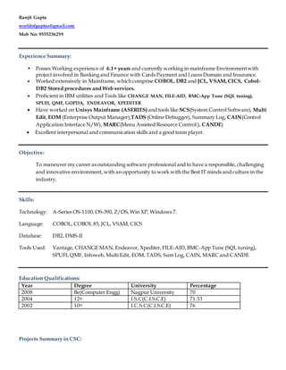 Ranjit gupta(mainframe 6.1 years) | DOCX | Databases | Computer ...