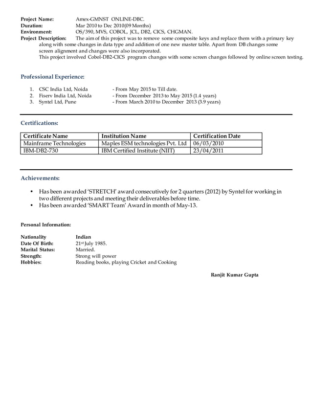 Ranjit gupta(mainframe 6.1 years) | DOCX | Databases | Computer Software and Applications