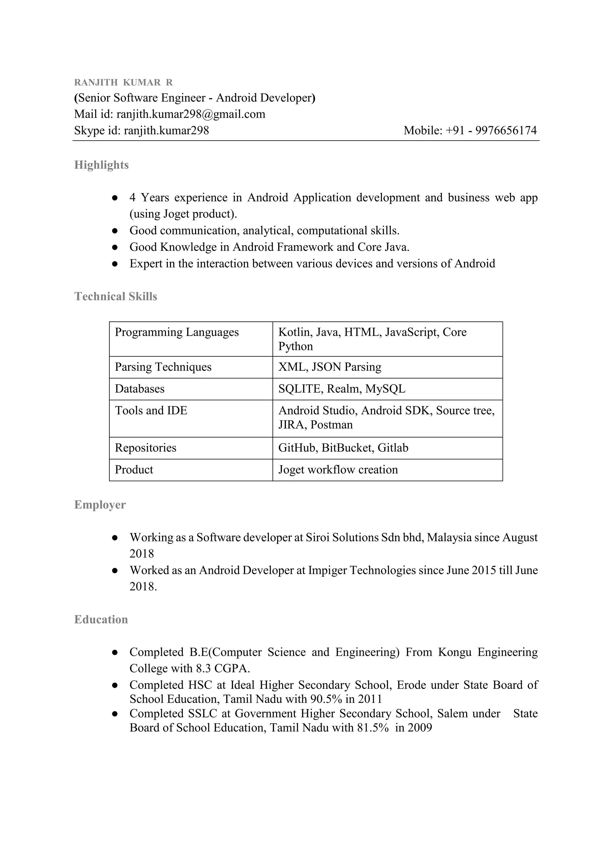 Ranjith kumar Resume | PDF