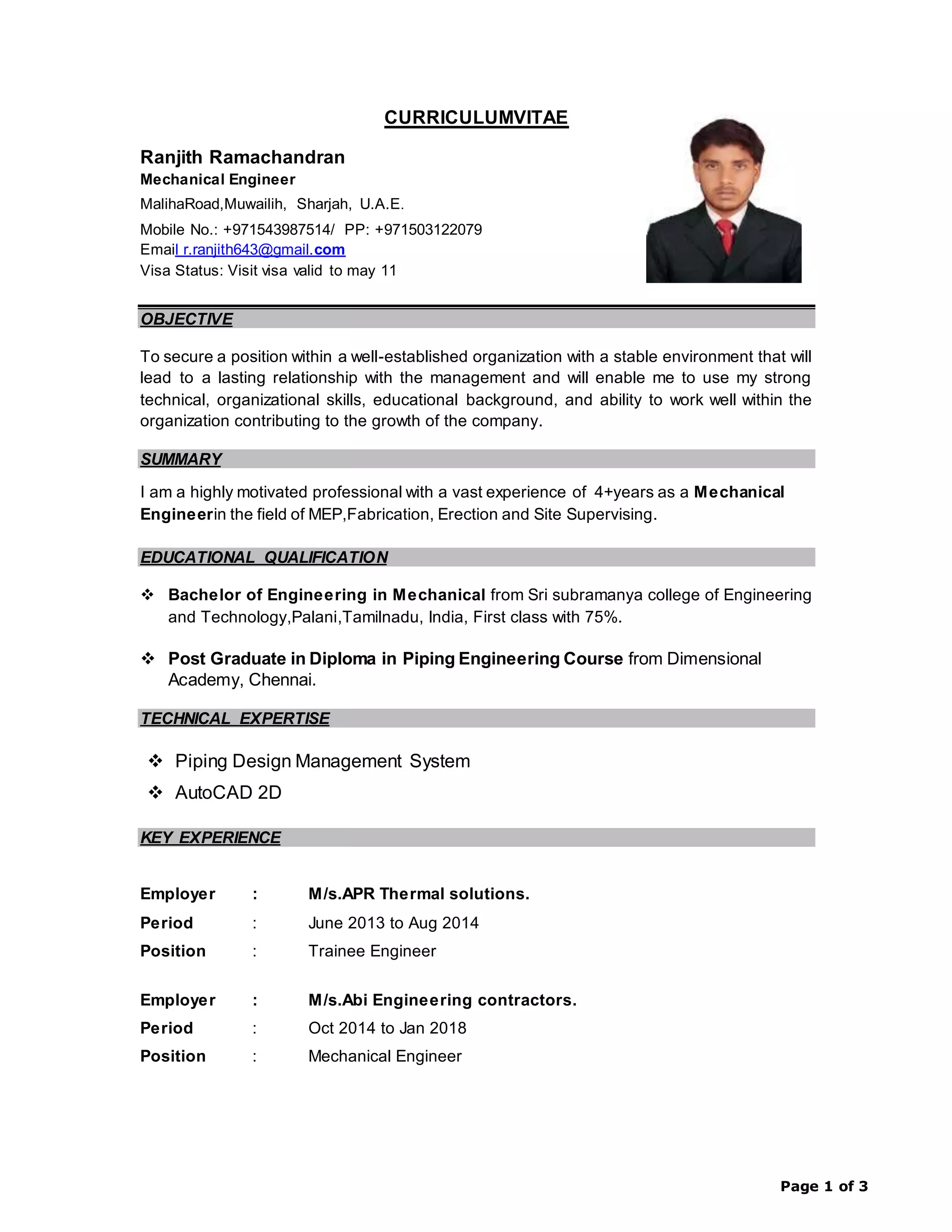 Ranjith mechanical engineer cv | DOCX