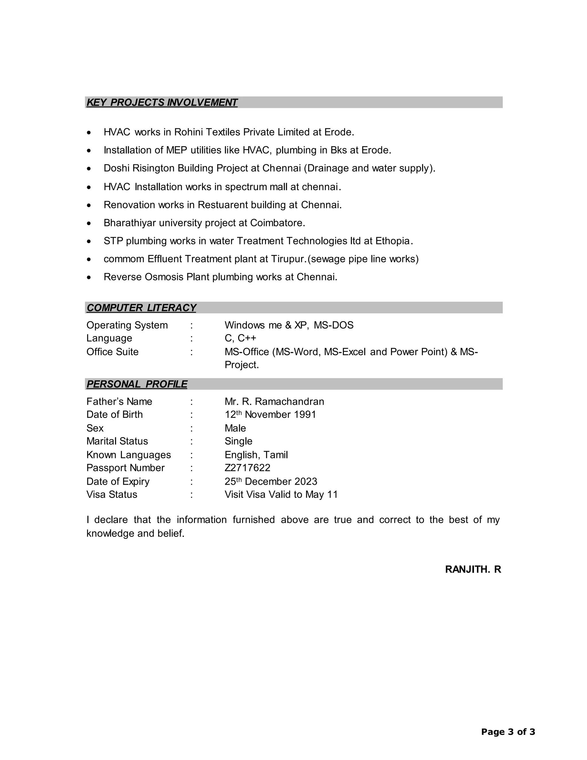 Ranjith mechanical engineer cv | DOCX